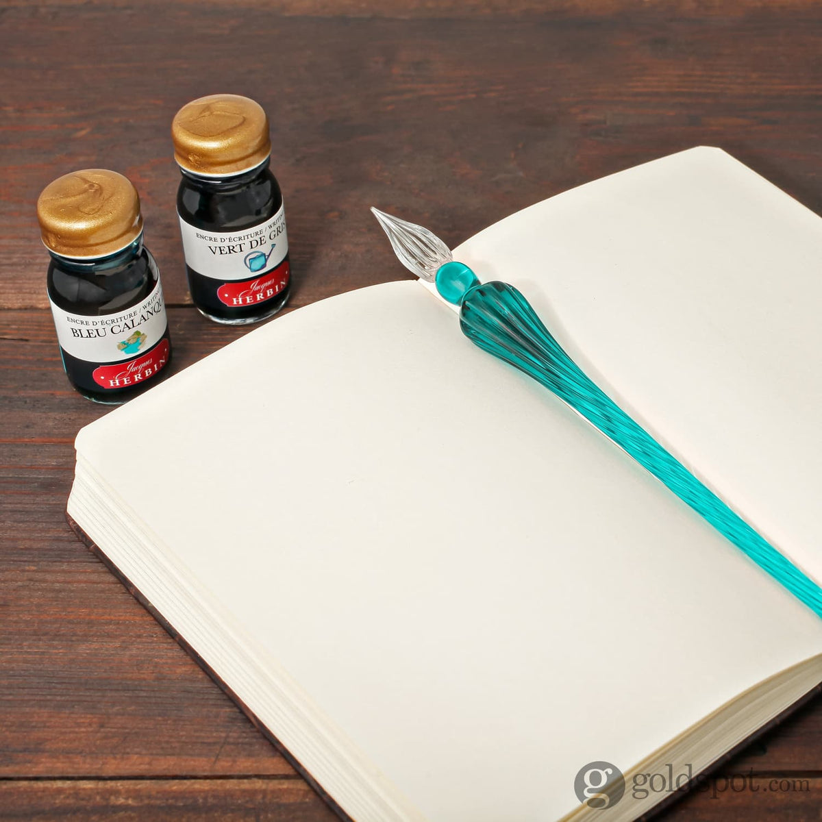 J. Herbin Round Glass Pen and Ink Set in Turquoise - Goldspot Pens