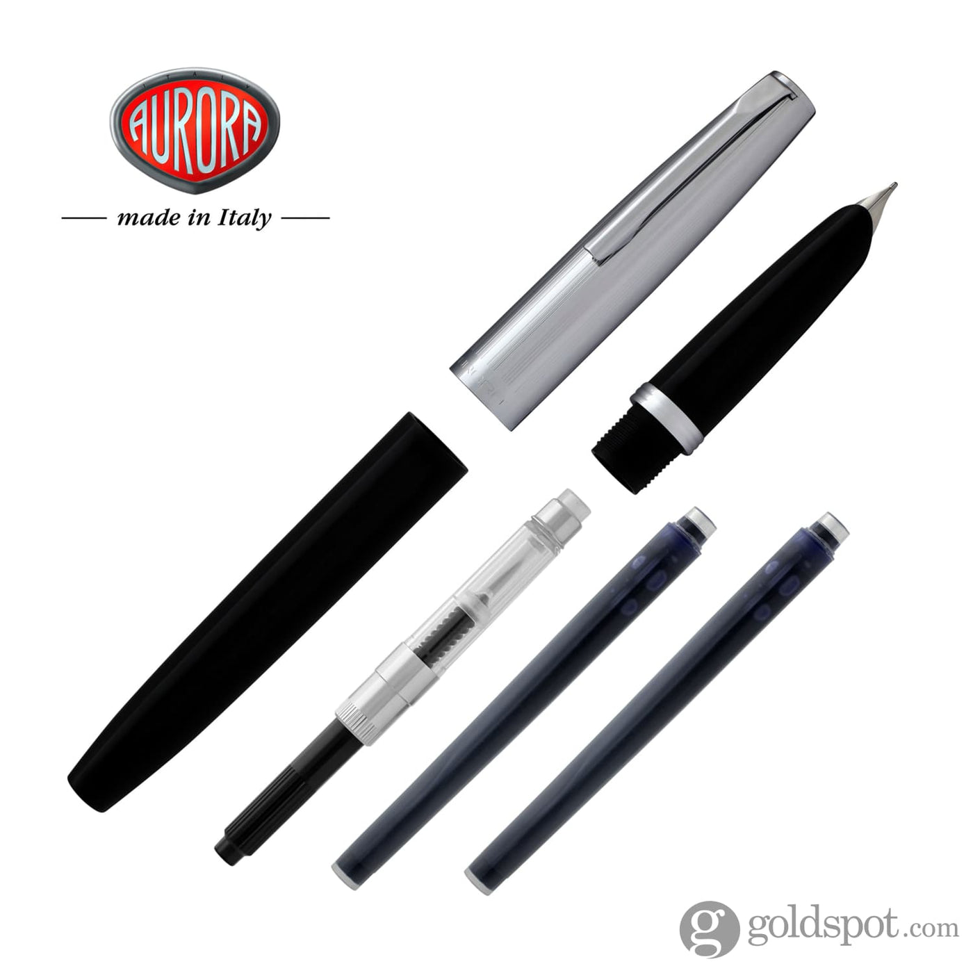 Aurora Duo Cart Fountain Pen - Black Resin With Chrome Cap, Medium Poi ...