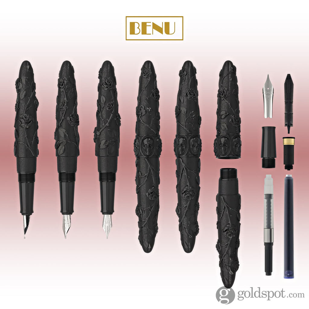 Benu Skulls and Roses Fountain Pen in Crow Black - Goldspot Pens