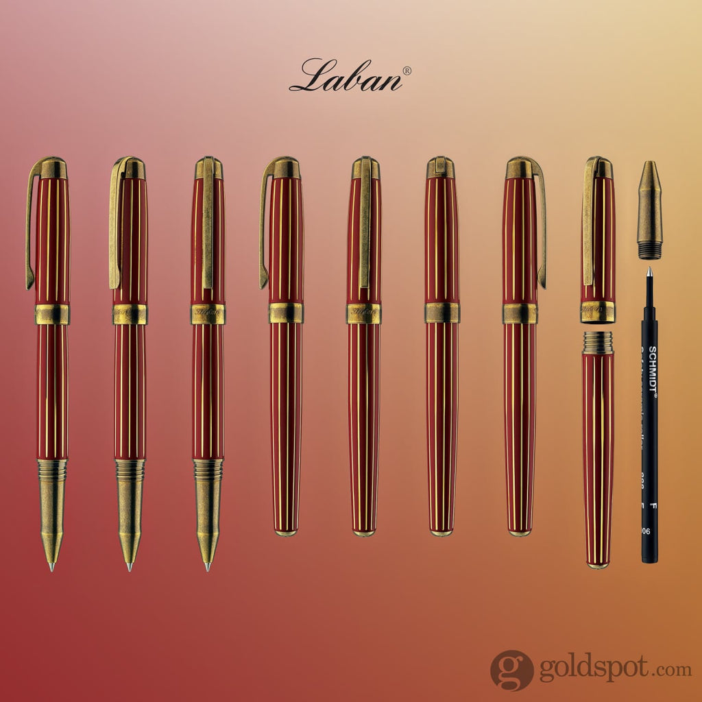 Laban Antique II Rollerball Pen in Red with Gold Lines - Goldspot Pens