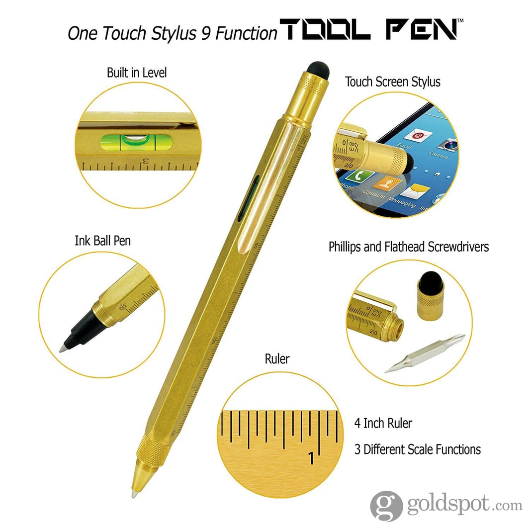 Monteverde One Touch Stylus Tool Ink Ball Pen in Brass - Goldspot Pens